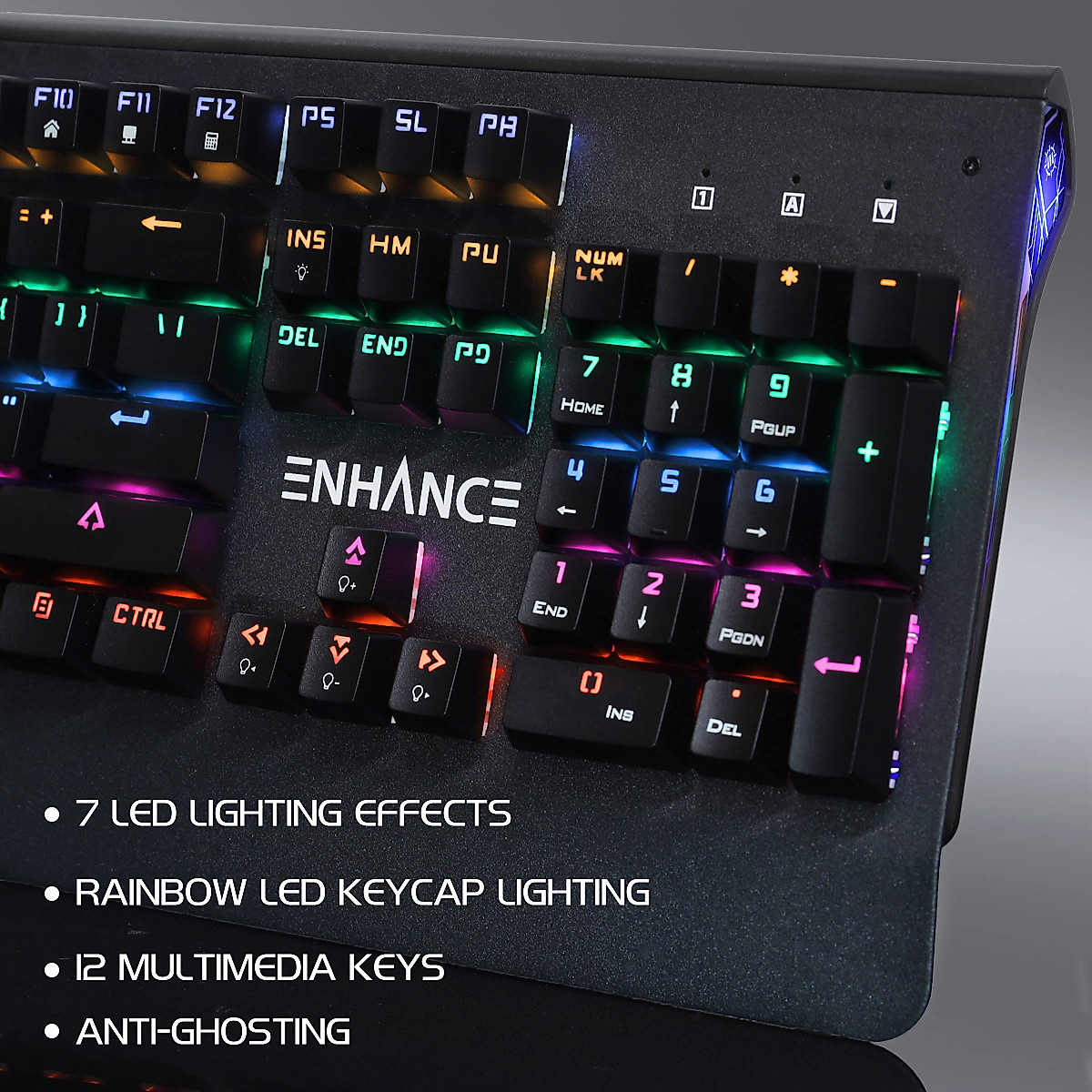 ENHANCE Pathogen 2 Blue Switch Mechanical Keyboard - Mechanical Gaming Keyboard with Fast 1ms Response Polling Rate with Integrated Wrist Rest, 26KRO & Anti-Ghosting, 7 LED Lighting Effects