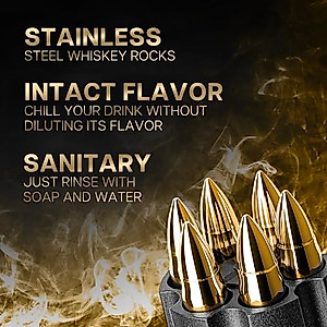 TF TAKEFLIGHT Whiskey Stones Set in Box Valentines Day Gift for Him, Stainless 6 Steel Whiskey Rocks for Men, Metal Ice Cubes for Drinks, Cool Whisky Stones Gifts for Men, Gold