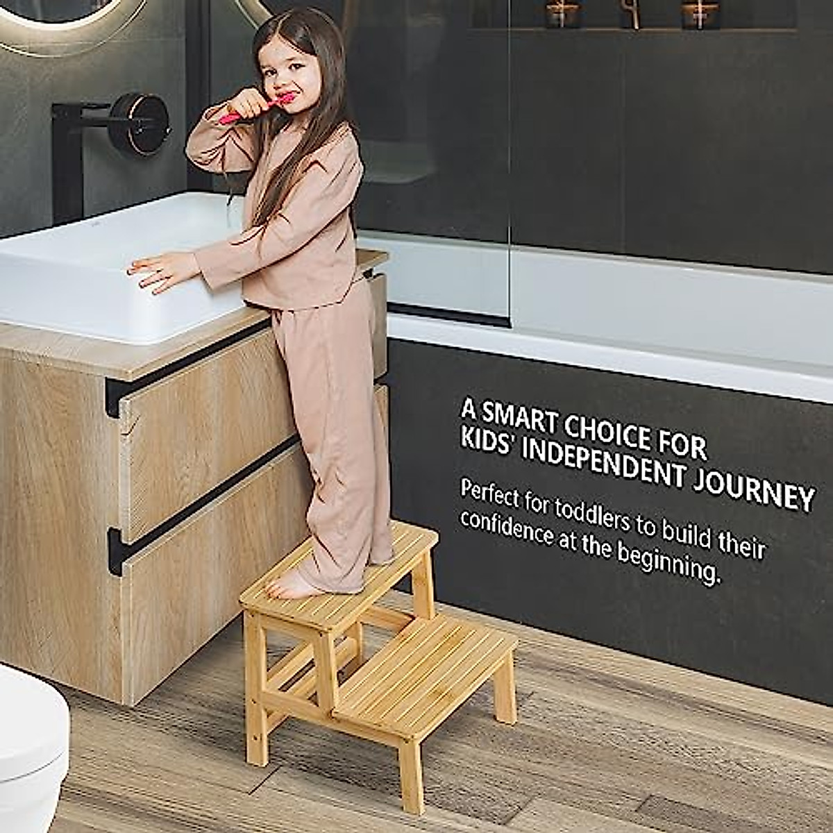 Domax Bamboo Wooden Step Stools for Kids - Toddler Step Stool for Bathroom Sink High Bed Toilet Kitchen Helper Wood Step Stool for Bedside for Adults Non-Slip Waterproof 2 Stepping Stool, Natural