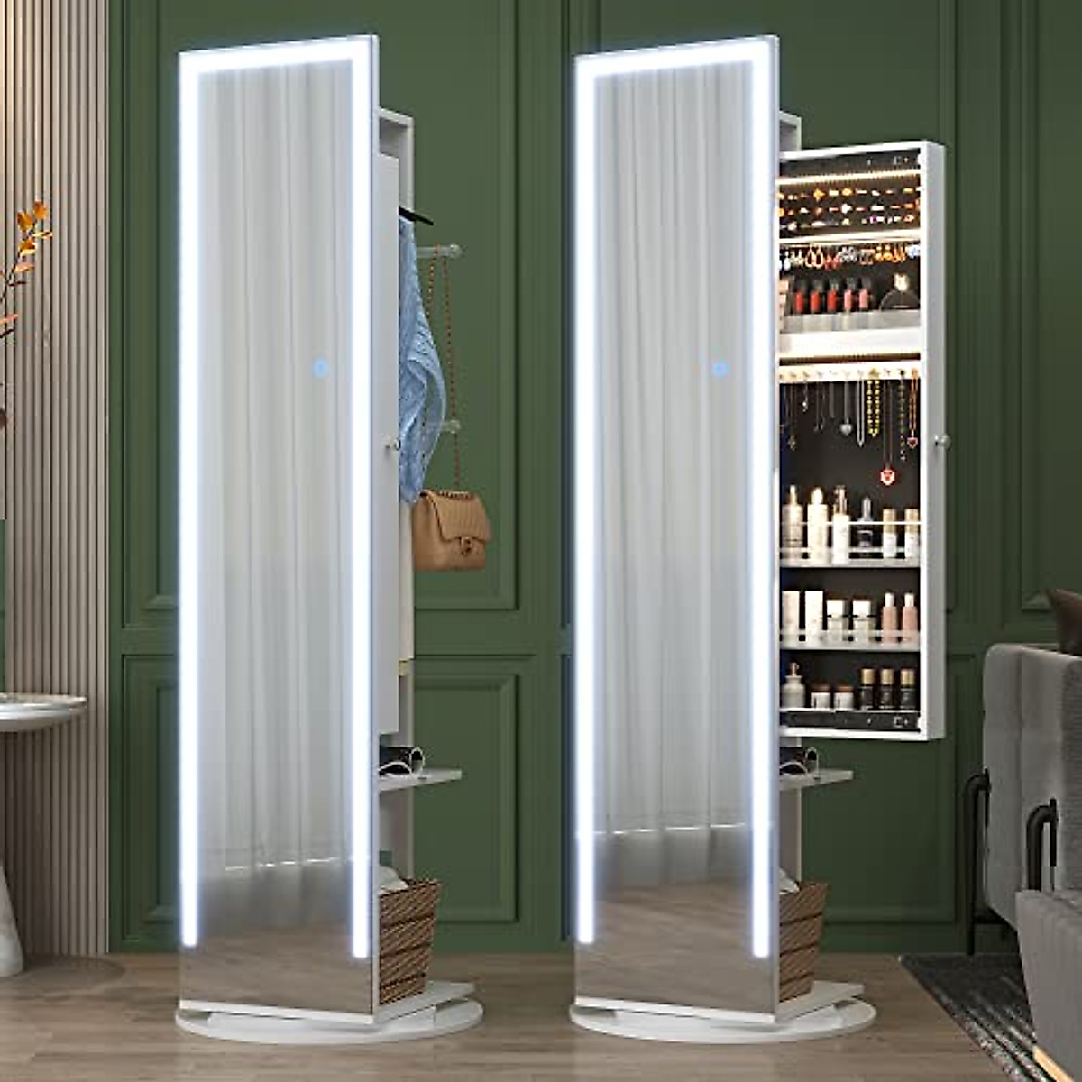 LVSOMT 360°Swivel Full-Length Mirror Jewelry Cabinet Armoire, Touch Screen Full Body Mirror with Jewelry Storage, Large Floor Jewelry Organizer for Bedroom, w/Coat Rack, Shelves(White)