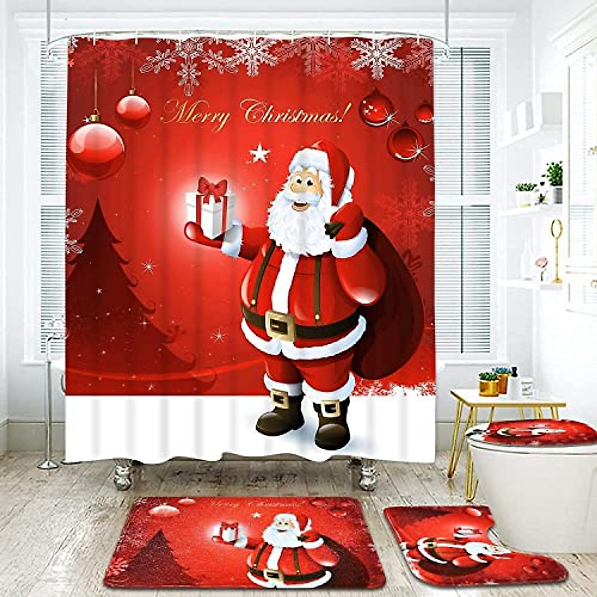 BLEUM CADE 4 Pcs Merry Christmas Shower Curtain Sets with Non-Slip Rugs, Toilet Lid Cover, Bath Mat and 12 Hooks Santa Xmas Tree Ball Snowflake Waterproof Shower Curtain for Christmas Decoration
