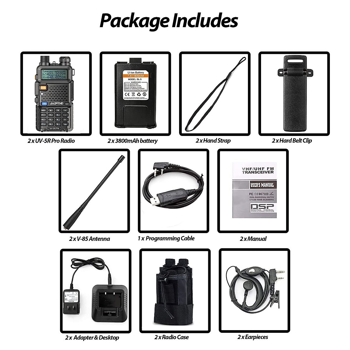 Baofeng UV-5RPro 8W 2Pack Ham Radio Two Way Radio More Radio Case One Programming Cable