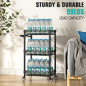 YASONIC 3 Tier Metal Rolling Cart, Kitchen Cart with Adjustable Shelves, Heavy Duty Utility Cart with Lockable Wheels, Multifunctional Rustproof Storage Cart, Bathroom Organizer Cart, Black