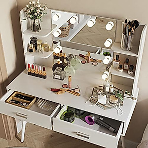 Furnideco Vanity Set with 10 Light Bulbs, Makeup Table with Cushioned Stool, 6 Storage Shelves 2 Drawers, Vanity Set 3 Lighting Modes Brightness Adjustable for Bedroom Studio