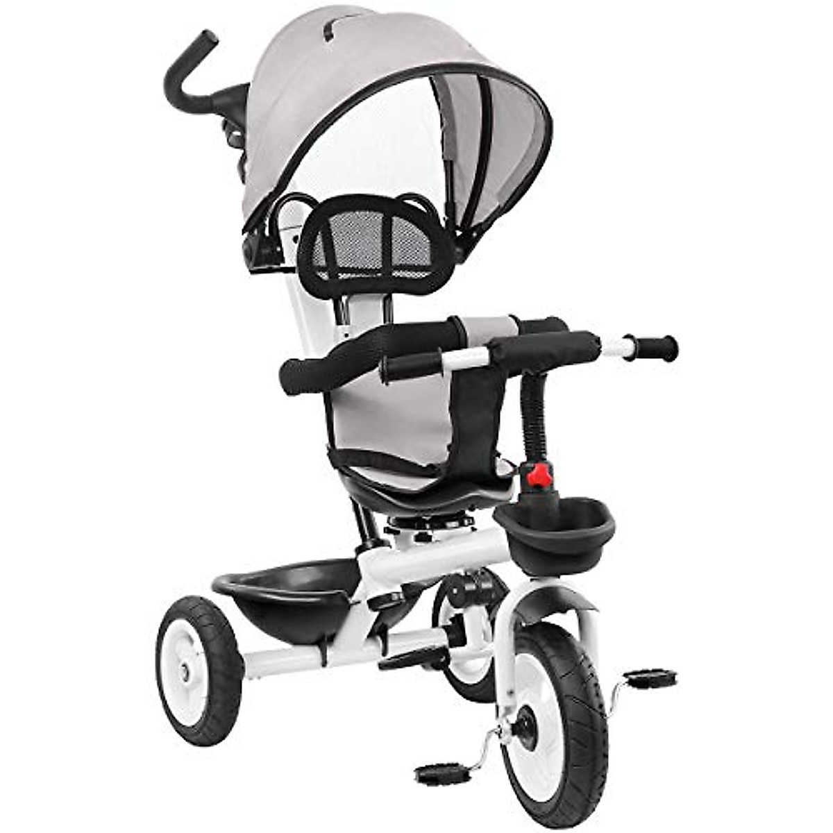 4 in 1 Kids Tricycle, Toddler Tricycle for Children Aged 1 to 5 Years Old, Baby Tricycle with Adjustable Canopy/Safety Seat/Storage Basket/Foot Pedals/Cup Holder (Gray)