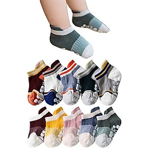 QandSweet Baby Toddler Non-Slip Socks Unisex Boy Girls' Socks Non-Skid Grips Ankle Sock (1-3T, 10 Pairs)