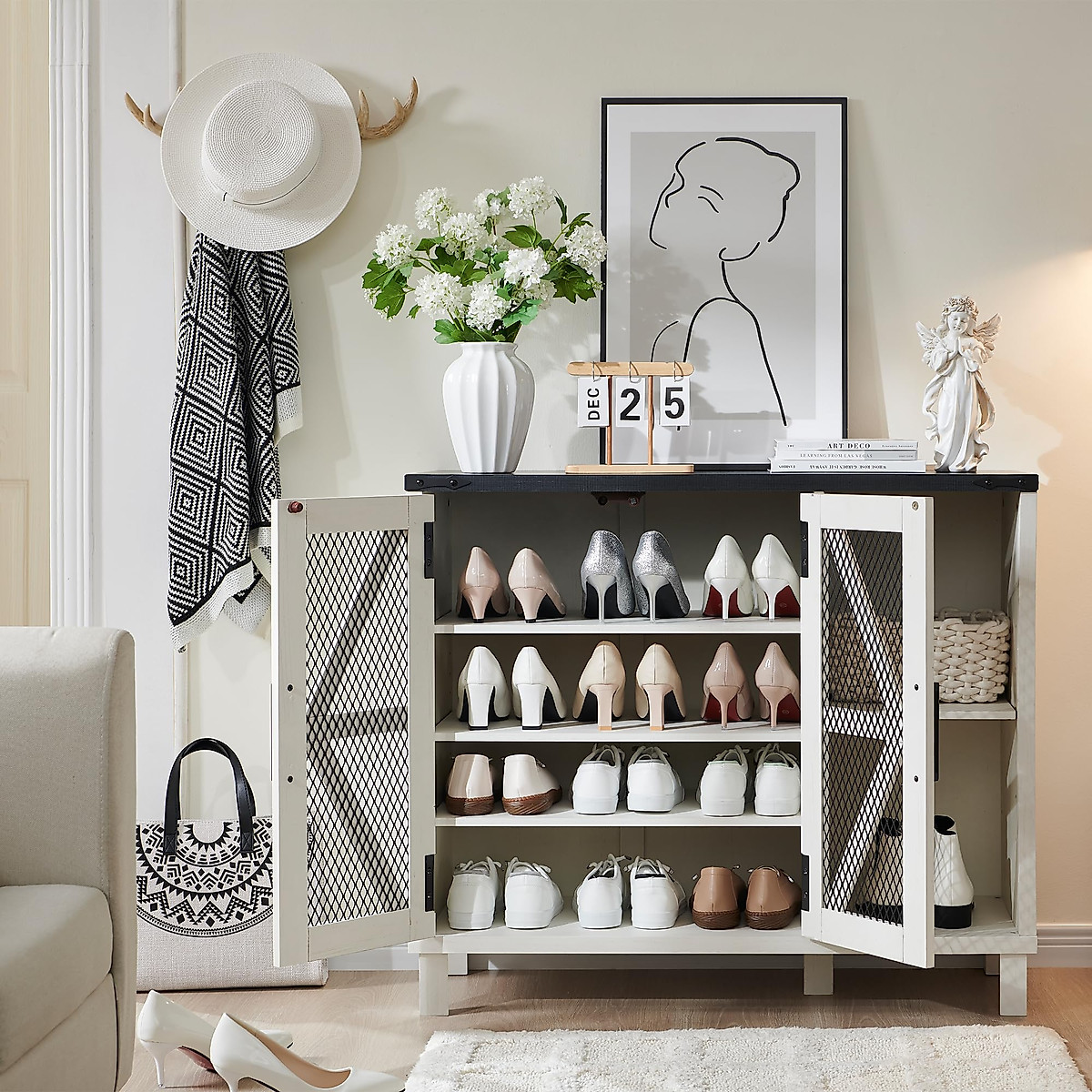 ACCOHOHO Farmhouse Shoe Cabinet, Large Shoe Storage Cabinet with Metal Accents & Adjustable Shelves, Industrial Wood Shoe Organizer Cabinet, Rustic Shoe Rack Cabinet for Entryway, Off White