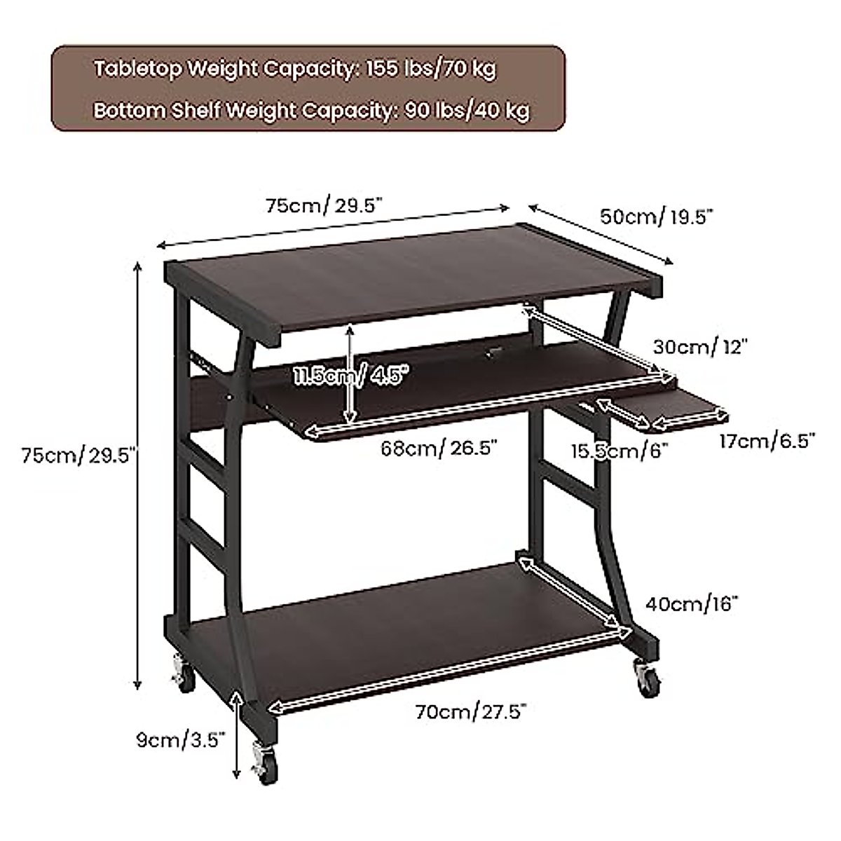 Tangkula Mobile Computer Desk with Keyboard Tray, Portable Small Rolling Desk with Mouse Tray & Bottom Storage Shelf, Rolling Laptop PC Desk Cart with Lockable Wheels for Small Space (Brown)