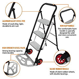 2 in 1 Aluminum Hand Truck & Ladder 3 Step Ladder Step Stool for Adults with Wide Anti-Slip Pedal and 6’’ Rubber Wheels, 330lbs Capacity Sturdy Steel Ladder Portable Steel Step Stool Dolly