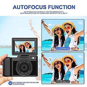 Kmnuiey Camera, 4K Digital Camera for Photography with 3'' 180°Flip Screen, Autofocus 48MP Video Cameras for YouTube with 16X Digital Zoom, 2 Batteries and Charging Cable for Travel