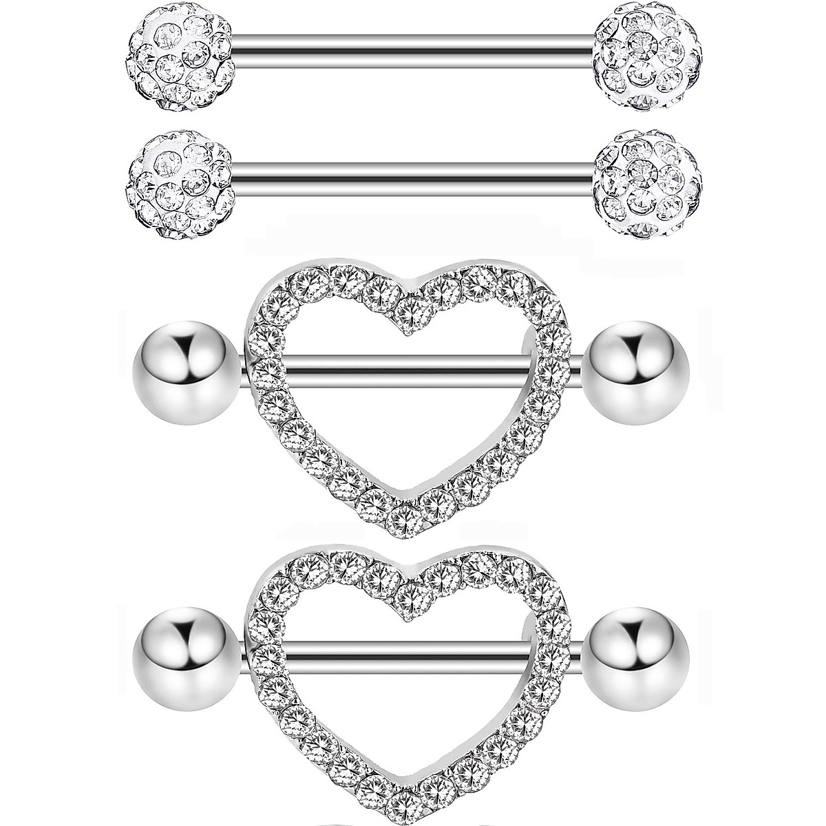 JOVITEC 2 Pairs Stainless Steel Nipple Ring CZ Barbell Rhinestone Nipple Studs for Nipple Tougue Body Piercing, 14 G (Silver)