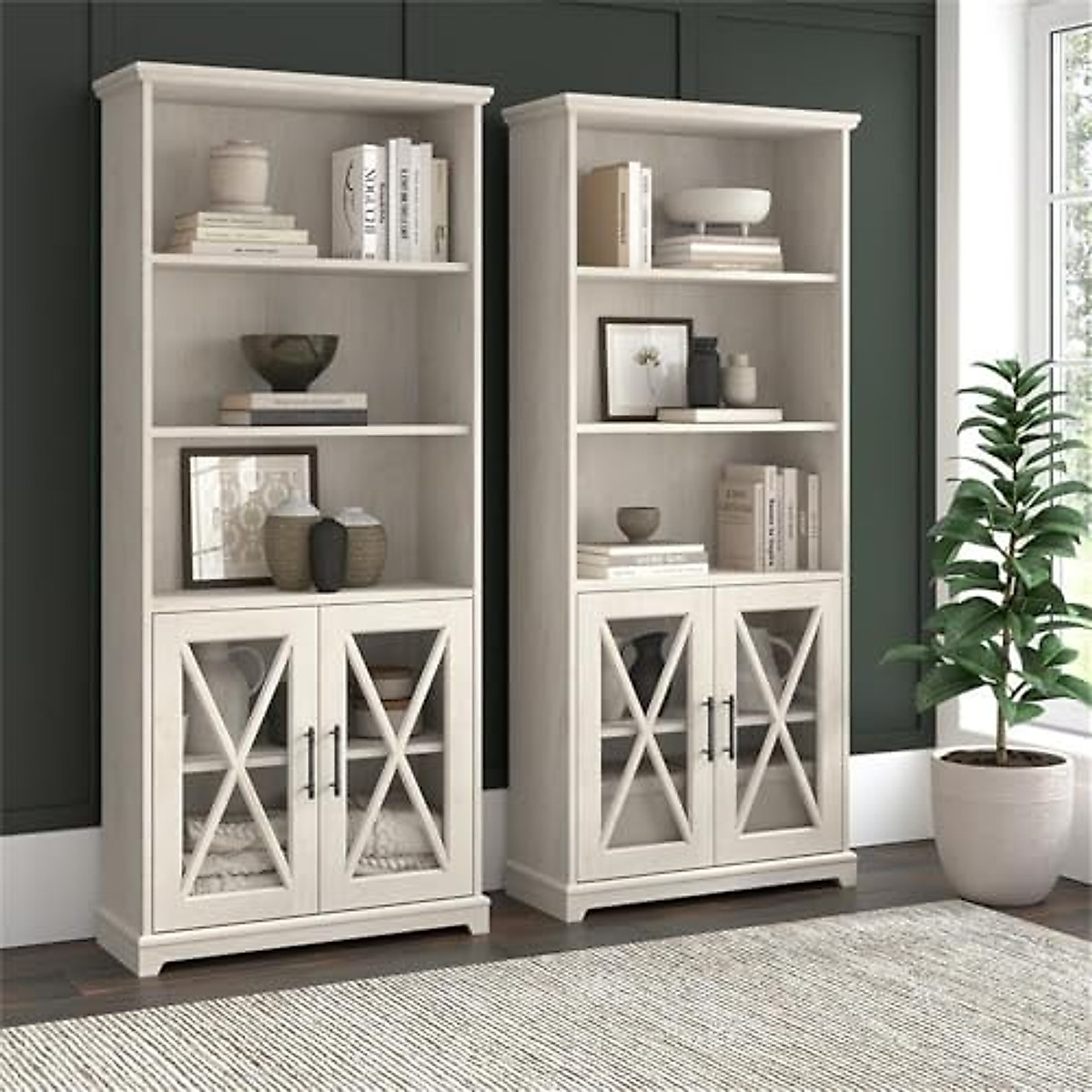 Bush Furniture Lennox Tall 5 Shelf Bookcase with Glass Doors in Linen White Oak | Farmhouse Bookshelf Cabinet for Living Room and Home Office