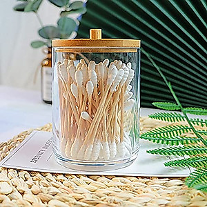 Wowlab 2 Pack Qtip Holder Dispenser, Bathroom Jars with Bamboo Lids for Cotton Ball Swab Pad Round, Acrylic Apothecary Jars for Bathroom