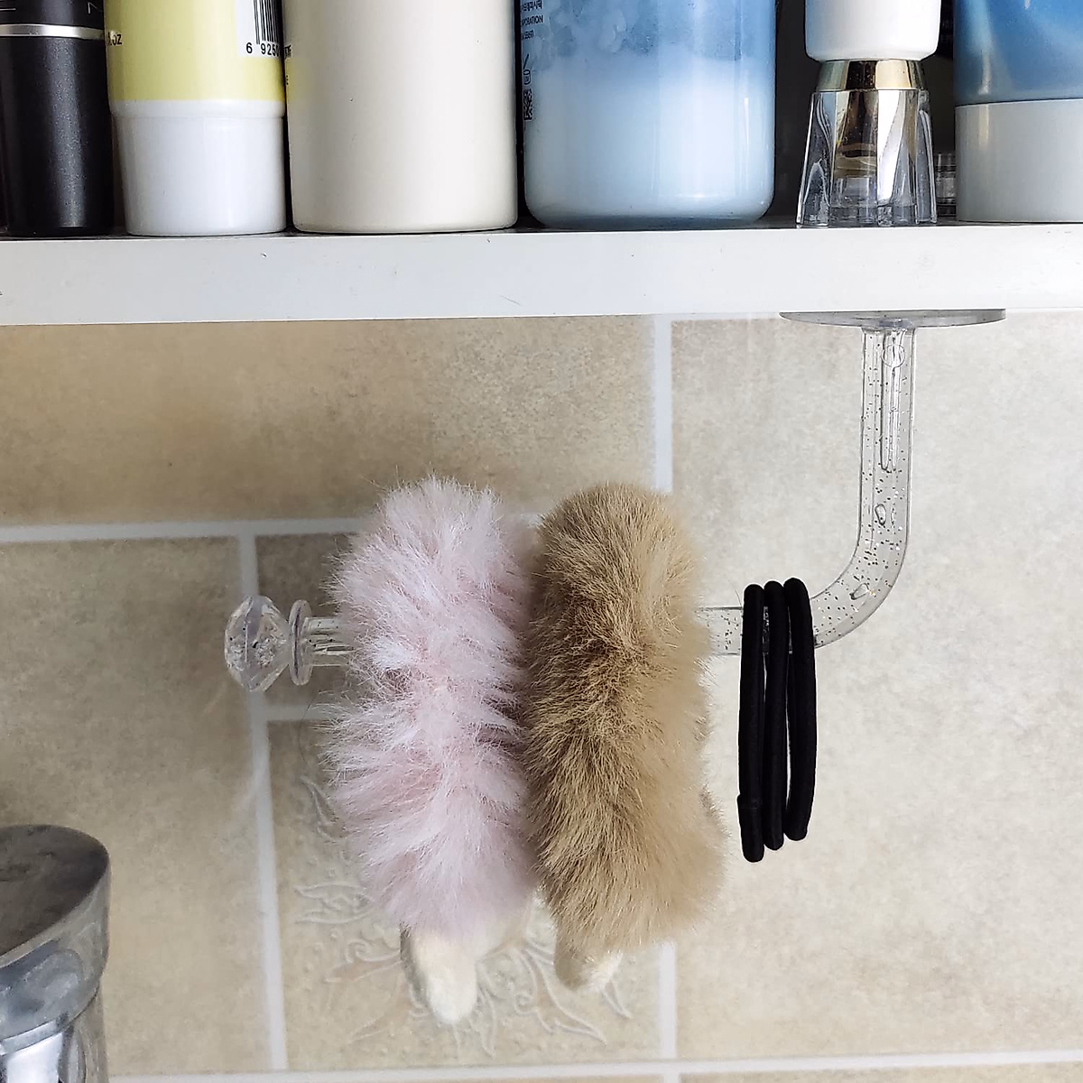 8 Pcs Adhesive Scrunchie Holder Hair Tie Organizer - Waterproof Hair Accessory Holder Girls Acrylic Jewelry Hooks Clear Glitter Organizer Display Stand for Girls Hairband Accessories Storage