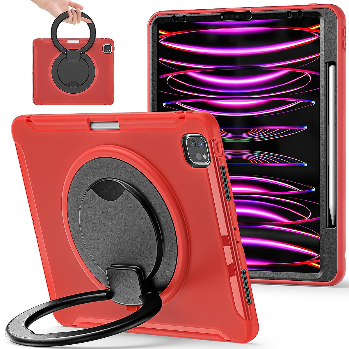 BATYUE iPad Pro 12.9 Case - Rugged Protective Case for iPad Pro 12.9-inch 6th/ 5th/ 4th/ 3rd Generation 2022/2021/ 2020/2018, iPad Pro 12.9 Cover with Pencil Holder/ 360° Swivel Stand - Red