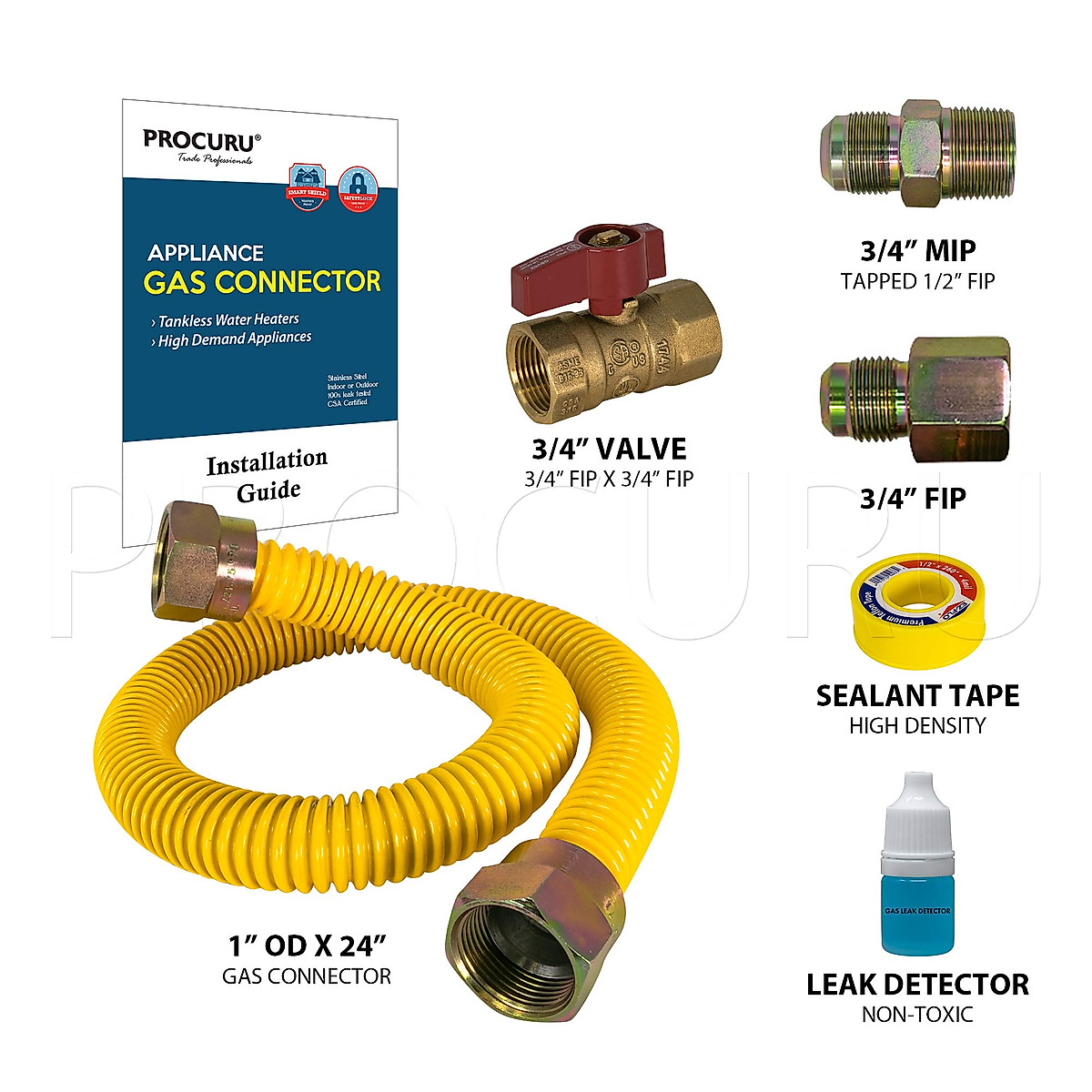 PROCURU 1" OD x 12" (1Ft) x 3/4"MIP x 3/4"FIP Universal Gas Flex Connector Kit with Gas Valve, Weatherproof MaxFlow Stainless Steel Tubing for Tankless Water Heater (Blue B1 Series)