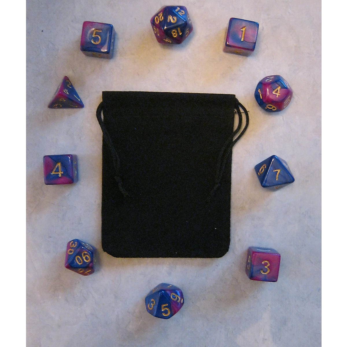 Cosmic (Purple / Blue) RPG D&D Dice Set: 7 + 3d6 = 10 polyhedral die plus bag!