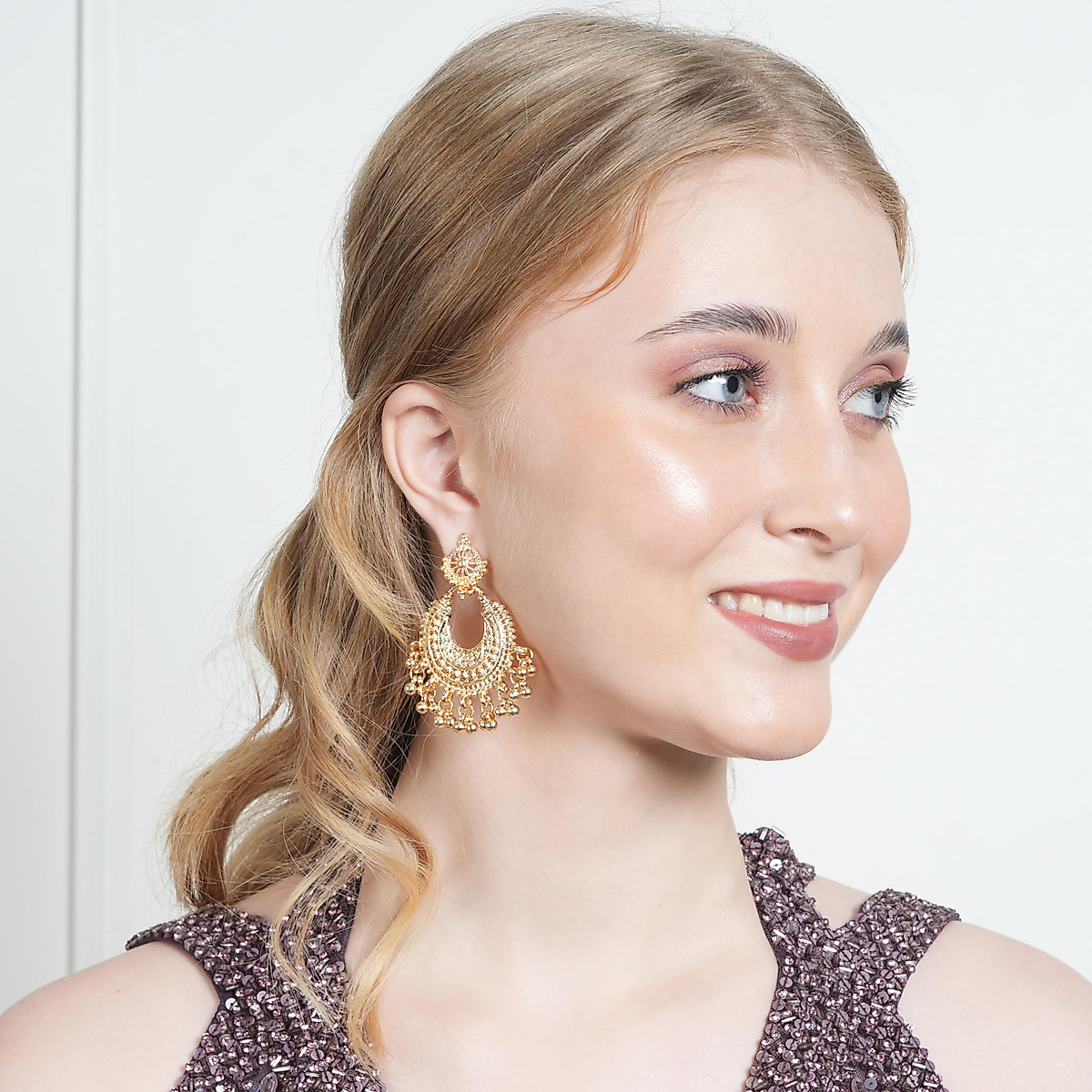 Touchstone Indian earrings for women jewelry jhumkas bollywood jewellery gold wedding bronze jhumka chandbali set golden clip on folklorico chandelier desi large light weight filigree in gold tone