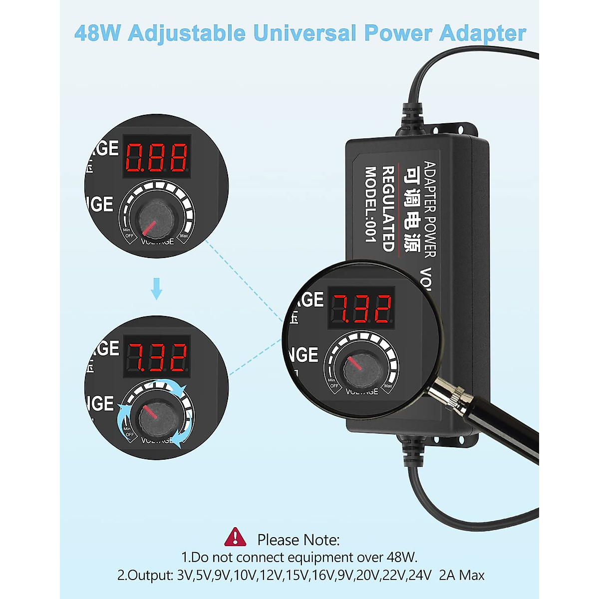 Aclorol Universal AC/DC Power Supply Adapter 48W AC 100-240V to DC 24V 2A 15V 12V 9V 6V 5V 3V 1A 1.5A 1000mA Power Supplies Adjustable Switching AC Adapter with Polarity Converter & 14 Tips