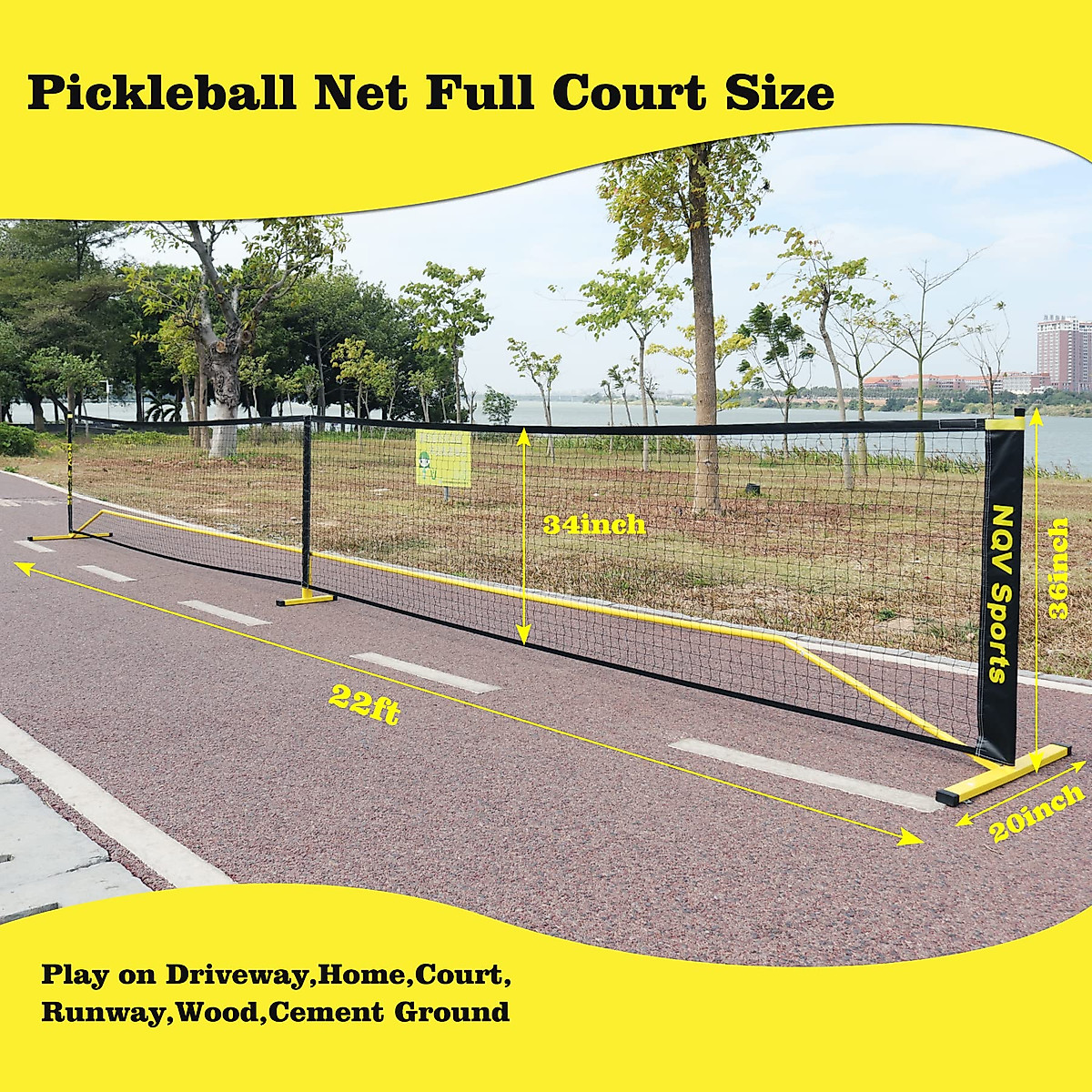 NQV Pickleball Set with Net, Pickleball Net Portable Outdoor Indoor Regulation Size Full Court Size 22ft+4 Wood Pickleball Paddles+4 Pickleballs+4 Pickle ball Retrievers+2 Chalks