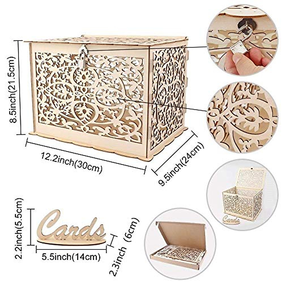 Funyear DIY rustic Wedding Card Box with Lock, Wooden Gift Card Box Holder Money Box for Wedding Reception Deco, Baby Showers, Birthday Party Decorations