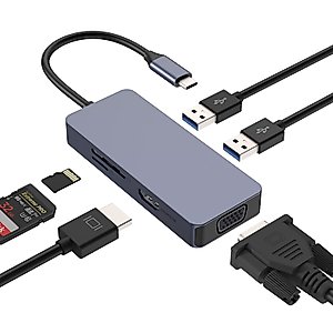 USB C Hub, HOPDAY Docking Station, 6 in 1 Dual Monitor USB C Adapter with VGA, 4K HDMI, USB 3.0 Ports, SD/TF Card Reader, Compatible with MacBook Pro/Air, Dell/HP/Lenovo