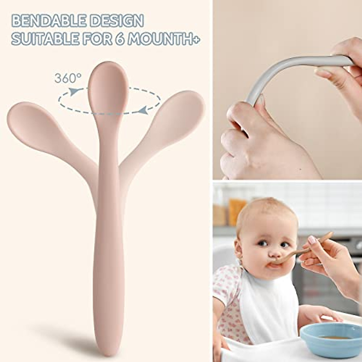 Silicone Baby Feeding Spoons, First Stage Baby Infant Spoons, Soft-Tip Easy on Gums I Baby Training Spoon Self Feeding | Baby Utensils Feeding Supplies, Dishwasher & Boil-proof, 6 Pack