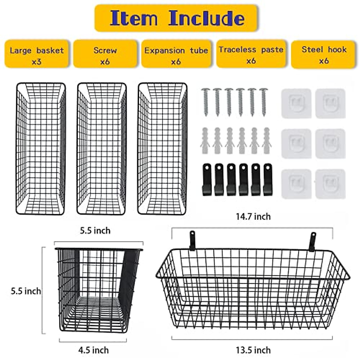 2 Pack Towel Rack Holder and 3 Set Hanging Extra Bakset, Minimalist Design,Wall Mounted Metal Towel Shelf with Hooks,Wall Mount Fruit Basket,No Drilling,Black