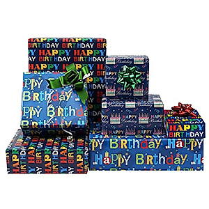 U'COVER Birthday Wrapping Paper 6 Large Sheet Happy Birthday Gift Wrapping Paper for Kids Boys Girls Men Women Baby Shower 3 Style Colorful Birthday Greeting Gift Wrap Paper Folded Flat 27 * 37inch
