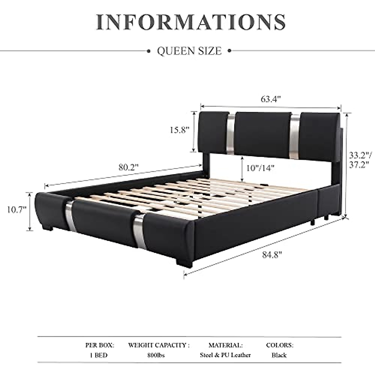 Benevika Bed Frame Queen Size with Adjustable Headboard, Modern Low Profile Platform Bed with Faux Leather,Mattress Foundation with Solid Wooden Slats Support,No Box Spring Needed,Black