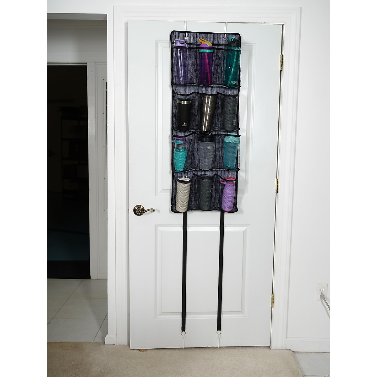 Jokari Tumbler and Bottle Storage Organizer Door Rack Holds Large Water and Drinking Containers with a Unique Over the Door Shelf System with Mesh Net Sleeves that Hangs Perfect in a Kitchen Pantry