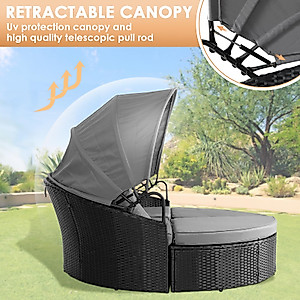 Oakmont Outdoor Patio Furniture Canopy Daybed Round Sofas, 4 Pieces Seating Separates Cushioned Seats, Black Wicker, Lawn Poolside Garden, Grey