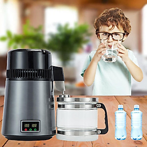 Water Distiller w/ Glass Container;750W,1.1Gal/4L Capacity;Distill Water up to 0.26Gal/1L per Hour and About 6Gal/23L per Day(Dual Temperature Display / Gray)