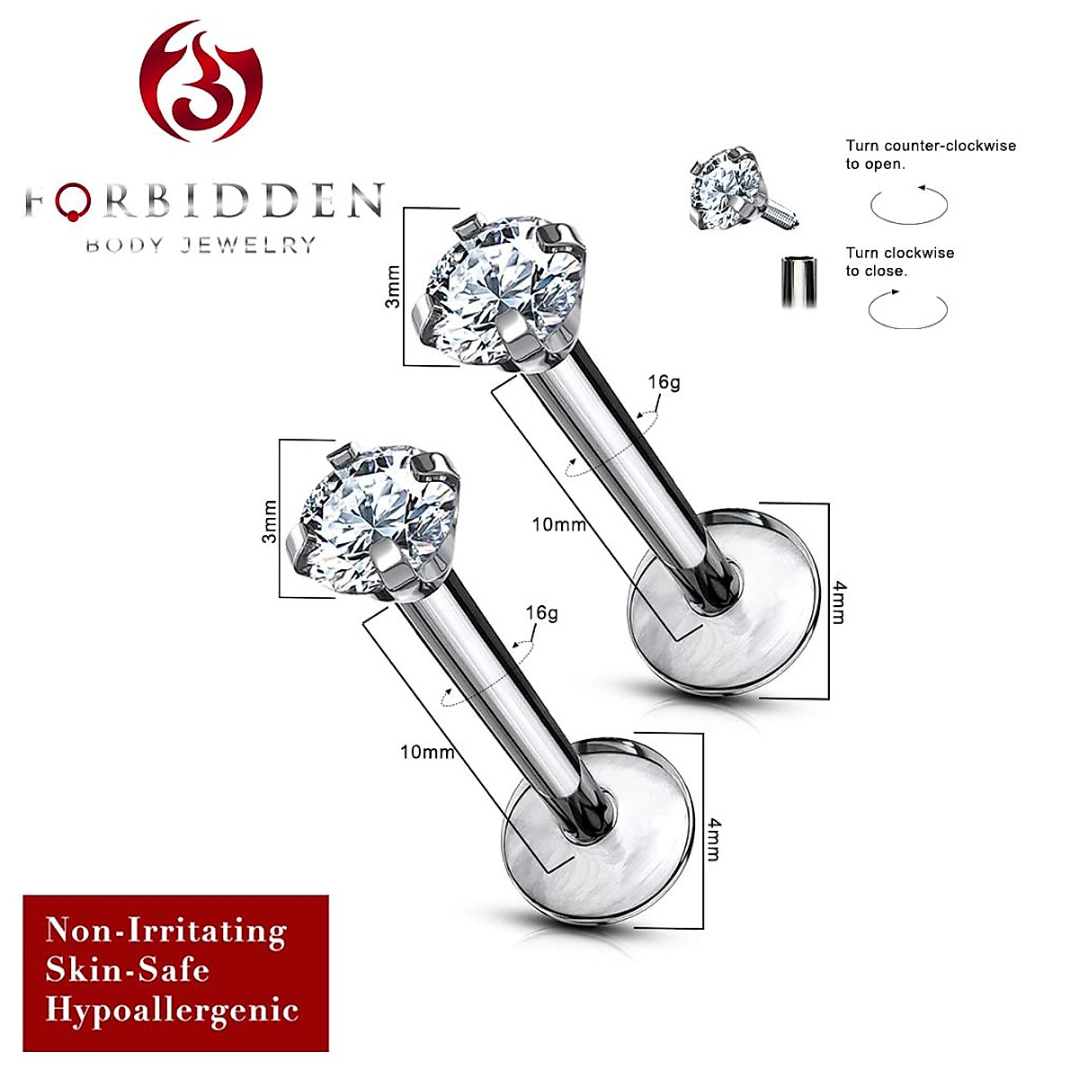 Forbidden Body Jewelry 16 g Titanium Internally Threaded Tragus Piercing CZ Top Flat Back Piercing Nose Studs Earring, Helix, Cartilage, Labret, Monroe for Women or Men (10mm/3mm X2)…