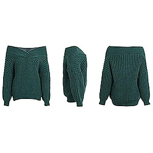 Women's Off Shoulder V Neck Knit Sweater Long Sleeve Waffle Knit Pullover Casual Loose Cable Jumper Tops (3X-Large,Green)