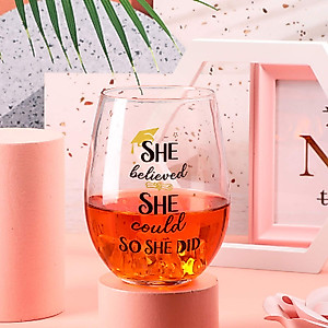 She Believed She Could So She Did Stemless Wine Glass, Congratulation Wine Glass for Girl Women Friend Sister for Graduation University Nursing Grad Celebration High School College Party Decor, 17 oz