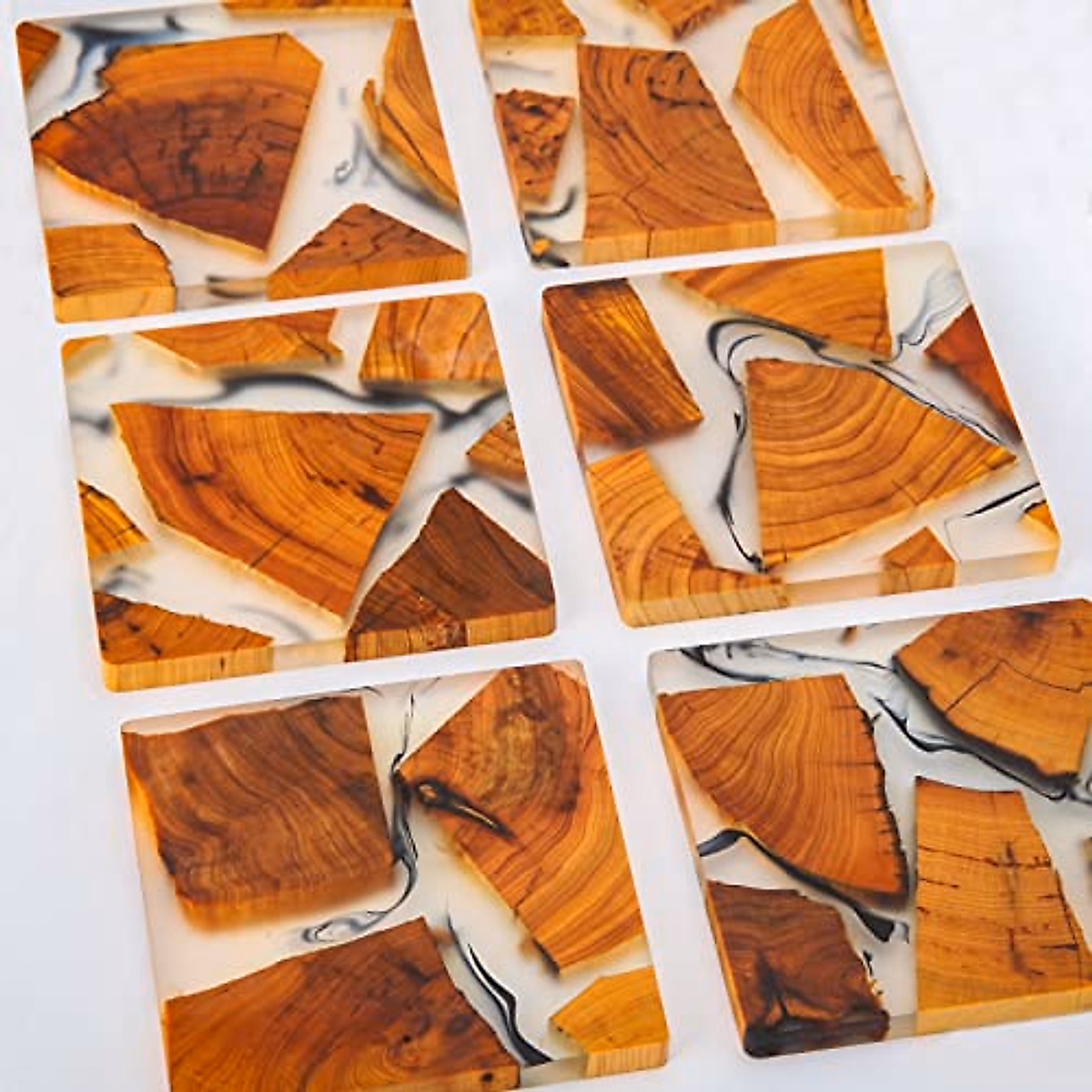 Wood Coasters with Holder, GOH DODD Wooden Drink Coasters Set, Modern Epoxy Coasters, Suitable for Most Kinds of Cups, 6 Pieces, Square