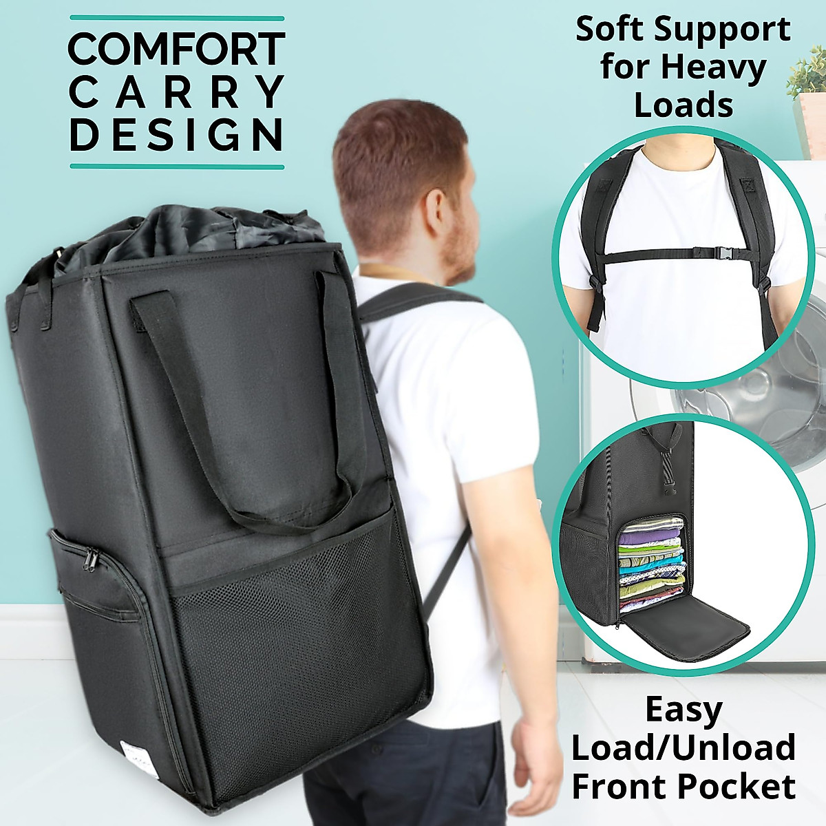 Terra Home College Essentials Travel Size Laundry Backpack - Portable, Durable, Foldable - Laundry Bag with Pockets for College Dorms - Extra Large Laundry Carrying Bag with Strap (Black)