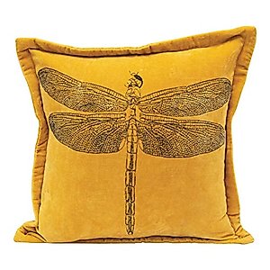 Creative Co-Op Cotton Velvet Printed Dragonfly, Mustard Color Pillow, Gold