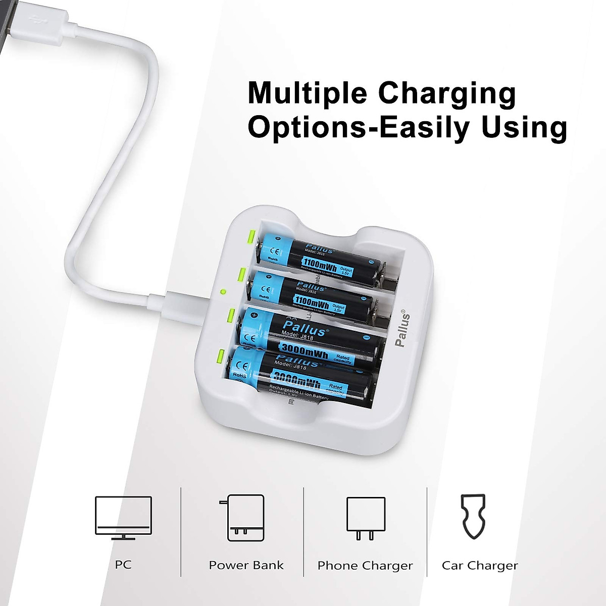 Rechargeable AA AAA Lithium Batteries, 4 Pack 3000mWh Li-ion AA Batteries and 4 Pack 1100mWh AAA Lithium Batteries with Fast Charger