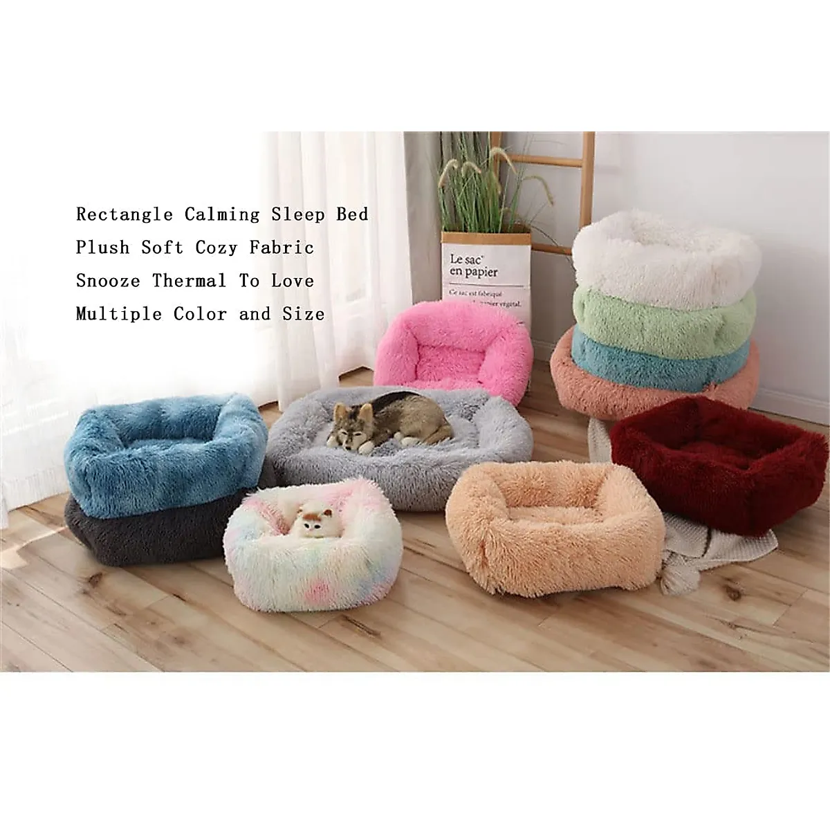 PEETITI Orthopedic Fluffy Plush Dog Bed Rectangle Calm Sleeping Pet Bed Washable Cat Dog Cushion Fits Up to 10-150lbs (X-Small, Pink)