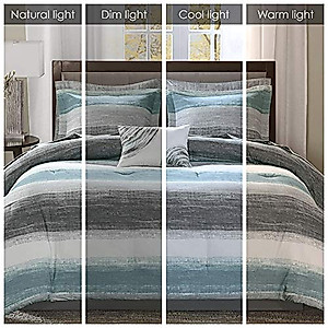 Madison Park Essentials Bed in a Bag Comforter, Vibrant Color Design All Season Down Alternative Cover with Complete Cotton Sheet Set, King(104"x92"), Saben, Stripe Aqua 9 Piece