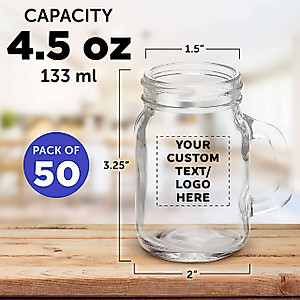 Custom Mason Jar with Handle Set 4.5 oz. Set of 50, Personalized Bulk Pack - Sampler Glasses, Glass Jars for Overnight Oats, Candies, Fruits, Pickles, Spices, Beverages - Clear