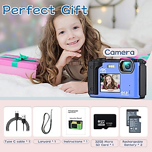 Digital Camera with WiFi 4K 64MP Vlogging Camera for Photography with Dual Screens Point and Shoot Camera with 32GB SD Card, 16X Zoom Compact Camera for Beginners-Blue3