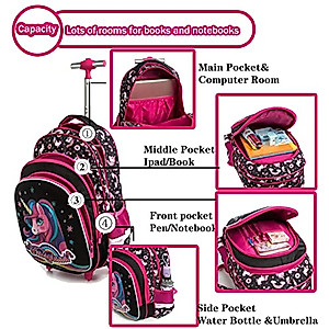 Girls Boys Kids Rolling Backpack with Wheels Trolley School Bag Waterproof Travel Luggage for Kids Girls and Students lunch bag Lightweight and Multi functional(Black Unicorn 16inch)