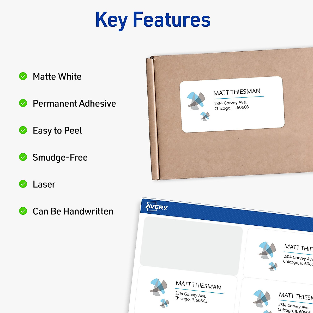 Avery Shipping Address Labels, Laser Printers, 100 Labels, Full Sheet Labels, Permanent Adhesive, TrueBlock (5165), White