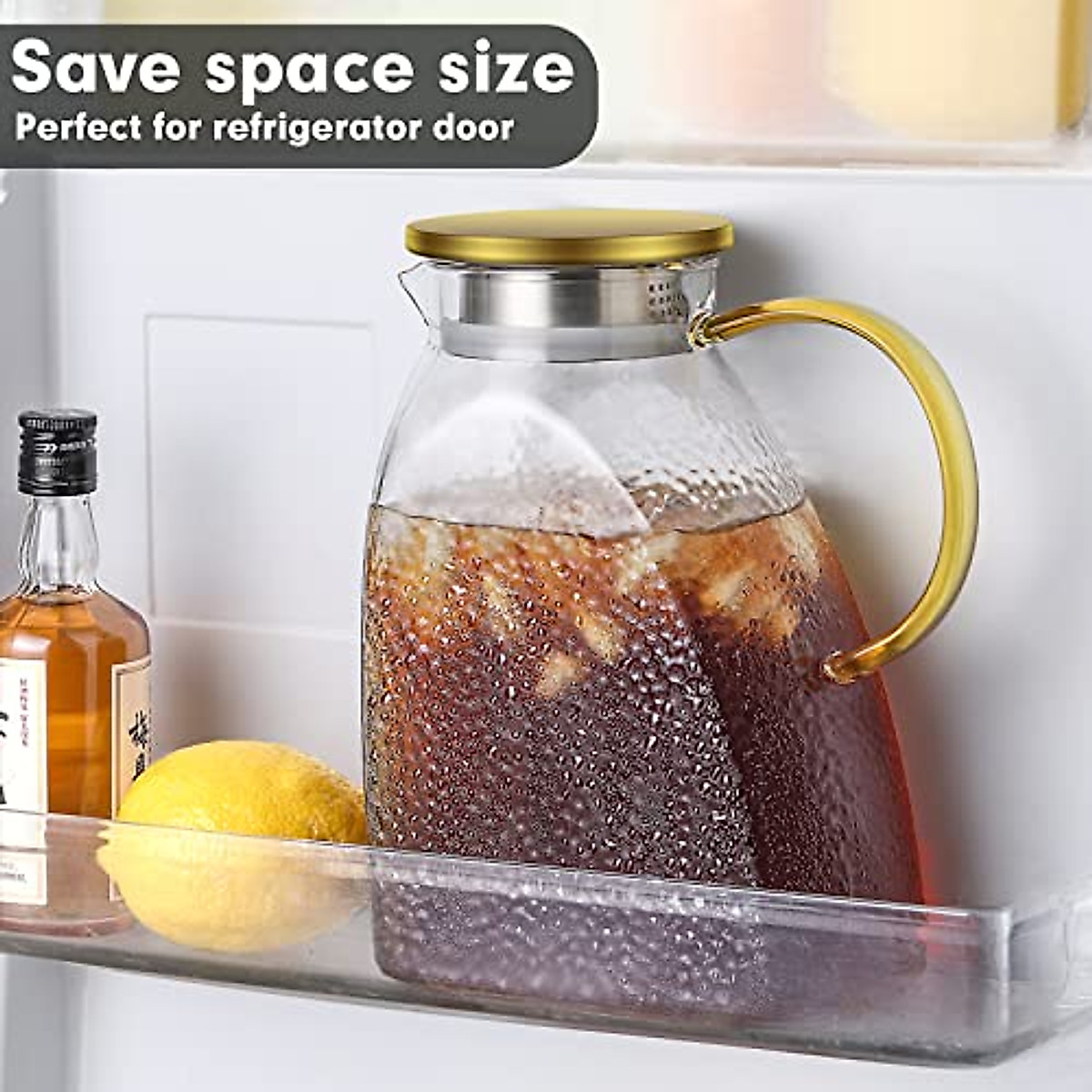 BINCOO Fridge Door Water Pitcher,1.8 Liter/60oz Glass Pitcher, Ice Tea Pitcher For Fridge, Pitcher Beverage Pitcher Drinking Carafe for Homemade Juice Ice Tea Wine Coffee Milk Lemonade