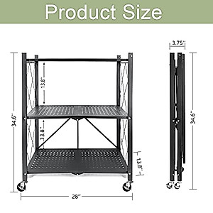 3-Shelf Foldable Storage Shelves with Wheels, Large Capacity Shelving Unit, Freestanding Metal Wire Shelf Rack, No Assembly Organizer Rack for Garage Kitchen, Basement, Pantry, Heavy Duty