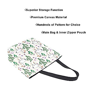 Canvas Shoulder Bag Llama Cactus Flower Large Tote Handbag Travel Satchel for Women Girls