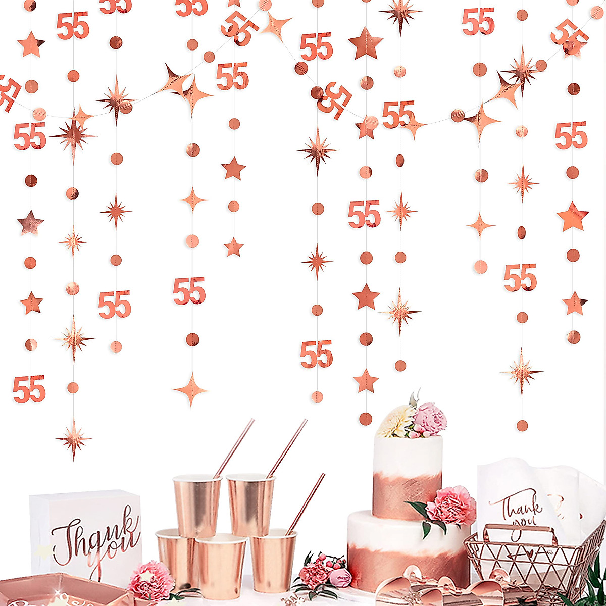 Rose Gold 55th Birthday Decorations Number 55 Circle Dot Twinkle Star Garland Metallic Hanging Streamer Banner Backdrop for 55 Years Old Birthday Happy 55th Anniversary Fifty Five Party Supplies